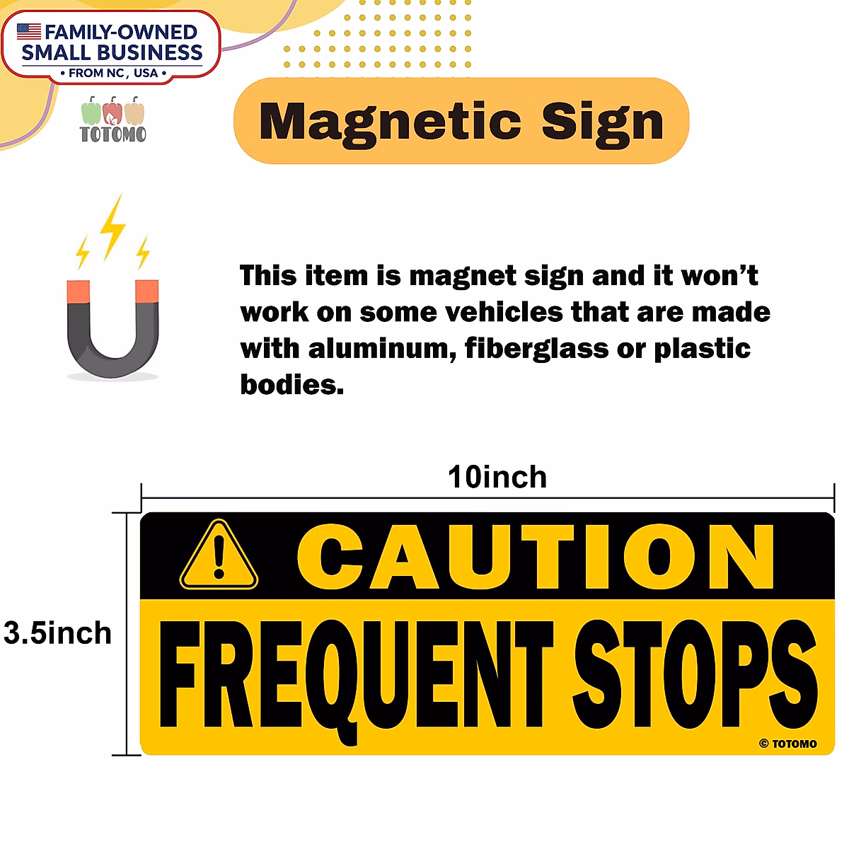 TOTOMO Caution This Vehicle Makes Frequent Stops Magnet 10"X3.5" Reflective Magnetic Safety Warning Sign Sticker for Carrier delivery Car Amazon Flex Driver (2 Pack)