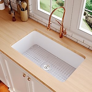 Undermount Kitchen Sink, DeerValley DV-1K513 Glen 30" L x 20" W White Single Bowl Kitchen Sink Fireclay Undermount Sink with Sink Grid and Basket Strainer
