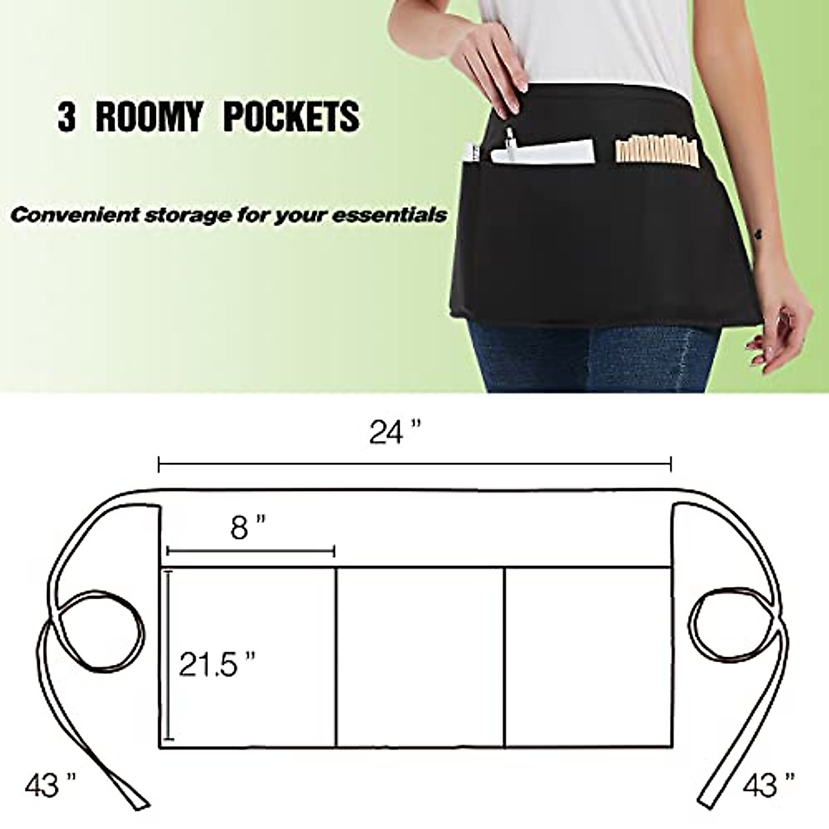 DUSKCOVE 12 Pack Server Aprons with 3 Pockets - Waitress Aprons for Women Men Water Resistant Half Aprons with Added Long Waist Strap