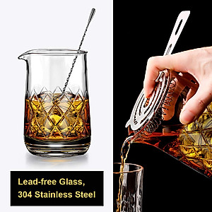 25 oz Crystal Cocktail Mixing Glass Set - Bartender Kit for Drinking Lover - Stainless Steel Hand Shaker, Spoon, Ice Tongs, Jigger, Pourer, Strainer & Muddler for Home Bar