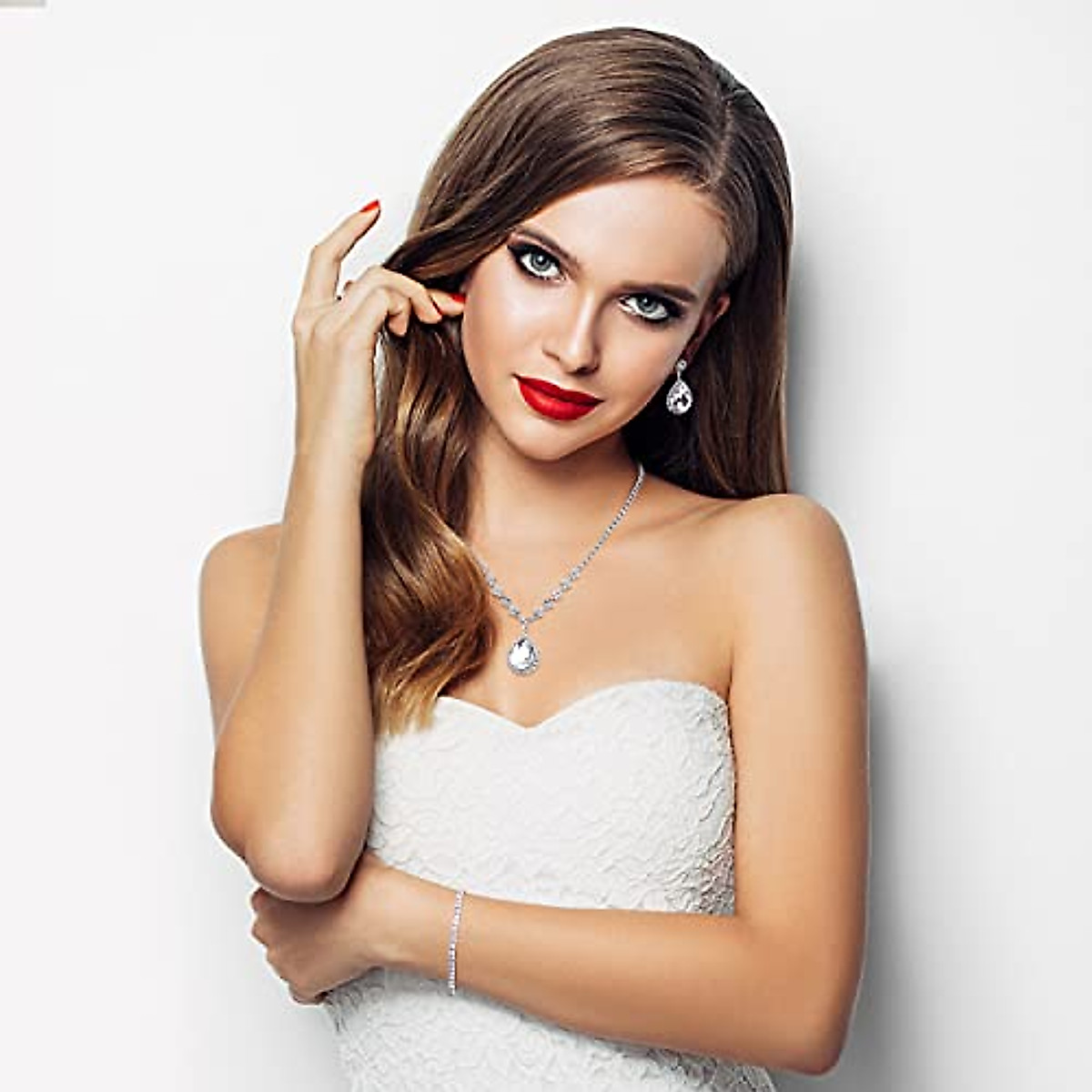 THUNARAZ Silver Bridal Jewelry Set Rhinestone Crystal Necklace Bracelet Dangle Earrings for Women Brides Bridesmaid Prom Costume Accessories