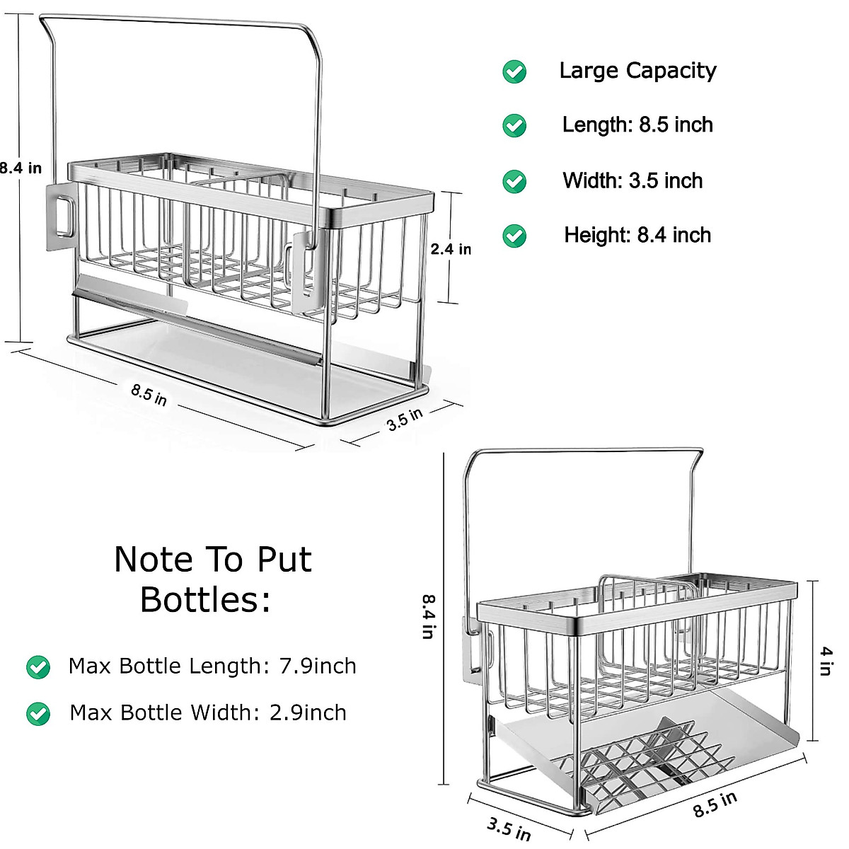 Sink Organizer and Sponge Holder, 304 Stainless Steel Rustproof, Adjustable, Self-Draining Sink Caddy for Sponges, Brushes, Dish Soap,Kitchen Towel,Kitchen Rags