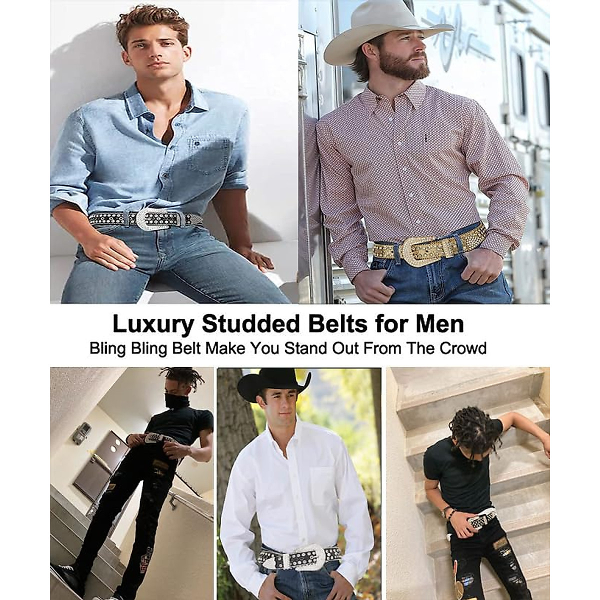 Vxrxal Men Rhinestone Belt Western Bling Studded Design Leather Diamond Belt for Jeans (M:fits waist size 33''-37'', black)