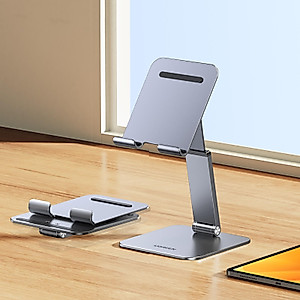 UGREEN Tablet Stand Holder for Desk Height Adjustable Aluminum Foldable Desktop Tablet Holder Wide Base Dock Multi-Angle Riser Compatible with 2024 iPad Pro 13 12.9, 11, 10.5 Air Mini 6 5, Grey