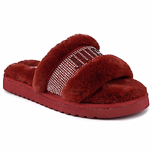 Juicy Couture Women's Luxe Faux Fur Slide Slippers with Embellished Strap, Cozy Indoor/Outdoor Fuzzy Slip-On Sandals, Halo - Burgundy, Size 9