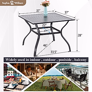 Sophia & William 37" Square Patio Outdoor Dining Table with 1.57" Umbrella Hole, All-Weather Resistant Table with E-Coating for 4 People, Black Metal Steel Slated Table for Garden Backyard Poolside