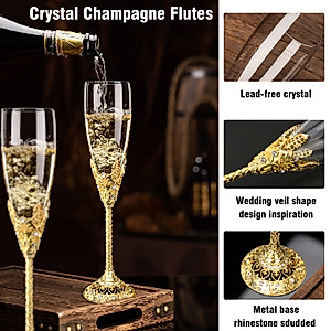Jozen Gift Gold Champagne Flutes - Crystal Glasses&Metal Base With Crystal Stone, Set of 2 Toasting Flute Pair, Wedding Anniversary, Party Birthday Banquets Gifts for Bride and Groom 6 oz