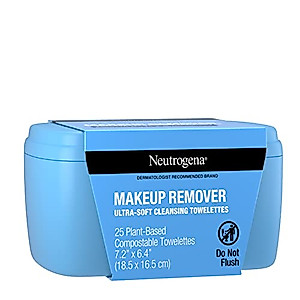 Neutrogena Makeup Remover Facial Cleansing Towelettes, Daily Face Wipes Remove Dirt, Oil, Sweat, Makeup & Waterproof Mascara, Gentle, Soap- & Alcohol-Free, 100% Plant-Based Cloth, 25 ct