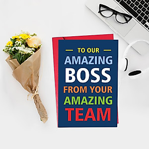 Huokiriki Boss Birthday Card for Men Women, Funny Bosses Day Gift, Appreciation Card for Boss Leader Mentor,To Our Amazing Boss from Your Amazing Team,Thick card stock,Envelope Included.