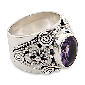 NOVICA Artisan Handmade Amethyst Cocktail Ring Floral .925 Sterling Silver Faceted from Bali Purple Single Stone Indonesia Birthstone 'Lilac Frangipani'