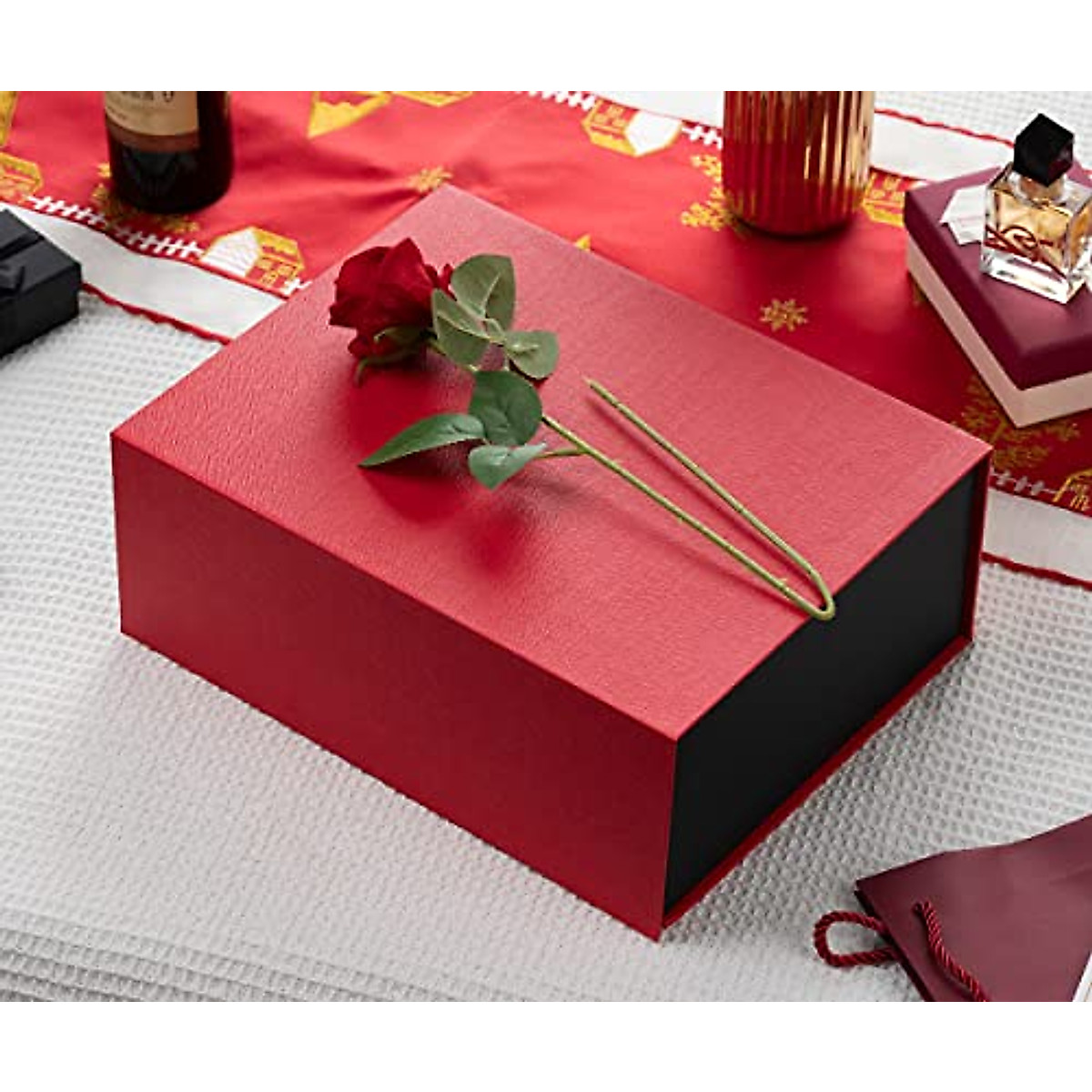 AimtoHome Gift Box 13.4x10x5 Inches,Red Black Gift Box with Lid,Collapsible Bridesmaid Groomsmen Proposal Box with Magnetic,Gift Boxes for Presents,Valentines day Wedding Christmas Birthdays Gift Packging(Pack of 3)