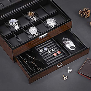 BEWISHOME 12 Watch Box with Valet Drawer, Luxury Watch Case,Watch Organizer for Mens Accessories with Real Glass Top,Metal Hinge, Brown SSH02Y