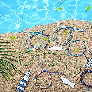 Henoyso 57 Pieces Surfer Strand Wave, Braided Stretch Friendship Woven Rope Bracelets Adjustable Waterproof Handmade Wax Wrap Anklet Sunflower Beach Bracelets for Girls Women (Summer Style)