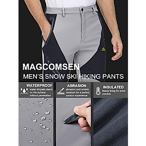 MAGCOMSEN Snow Pants Men Waterproof Pants Softshell Hiking Pants Mens Winter Pants Fleece Lined Pants Ski Pants Warm Pants Skiing Pants Snowboard Pants for Men Light Grey