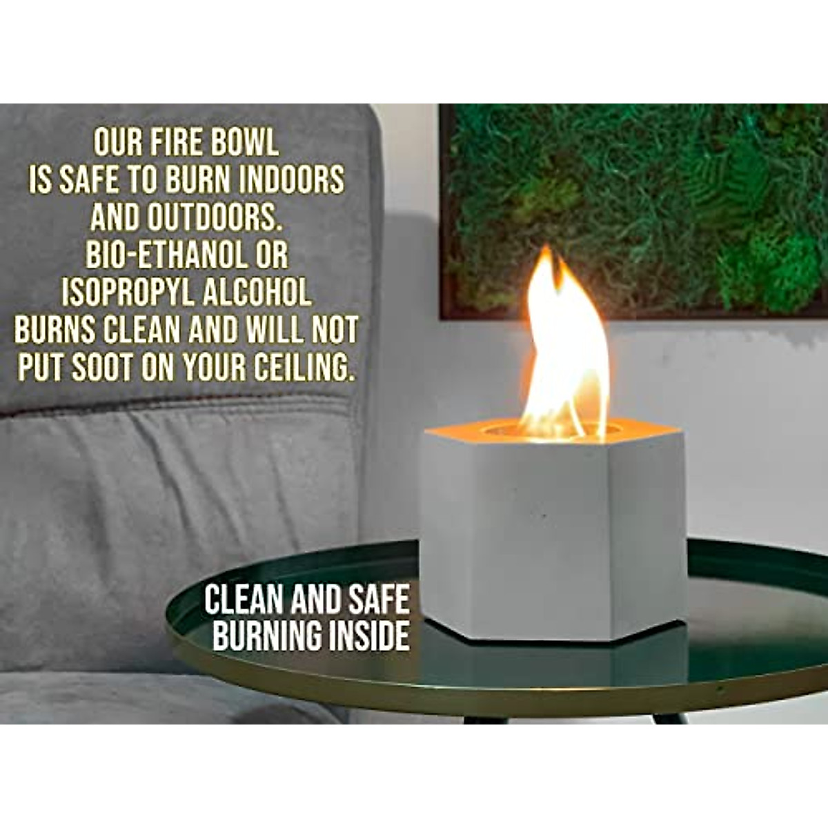 Tabletop Fire Pit Concrete, Rubbing Alcohol Indoor Fire Bowl, Mini Fireplace Outdoor Decor Portable Table Top Chiminea Meditation Isopropyl (Hexagon)
