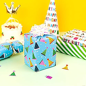 WRAPAHOLIC Birthday Wrapping Paper Roll - Mini Roll - 3 Rolls - 17 Inch X 120 Inch Per Roll - Happy Birthday Lettering and Stripe for Kid's Birthday, Baby Shower
