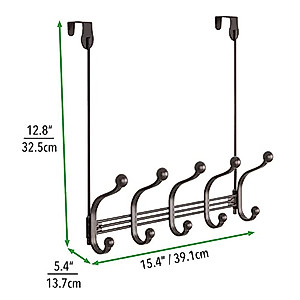 mDesign Decorative Closet Over Door or Wall Mount 10 Hook Metal Storage Organizer Rack for Coats, Hoodies, Hats, Scarves, Purses, Leashes, Bath Towels, Robes - Hyde Collection - Bronze