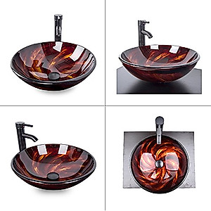 Puluomis Artistic Vessel Sink Bathroom Tempered Glass Vanity Round Bowl with Oil Rubber Bronze Faucet and Pop up drain Combo, Flame Red