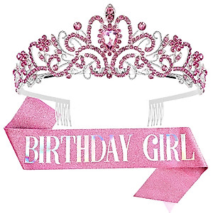 Birthday Tiara for Women, Tiara for Women Pink Rhinestone, Happy Birthday Girls Tiara for Women, Birthday Girl Crown, Birthday Princess tiara, Tiaras Birthday Queen Crowns with Birthday Girl Sash