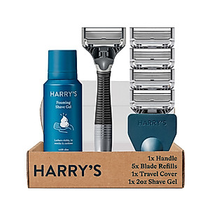Harry’s Razors for Men - 5 German-engineered 5-Blade Cartridges, Travel Cover, Shave Gel (Charcoal)