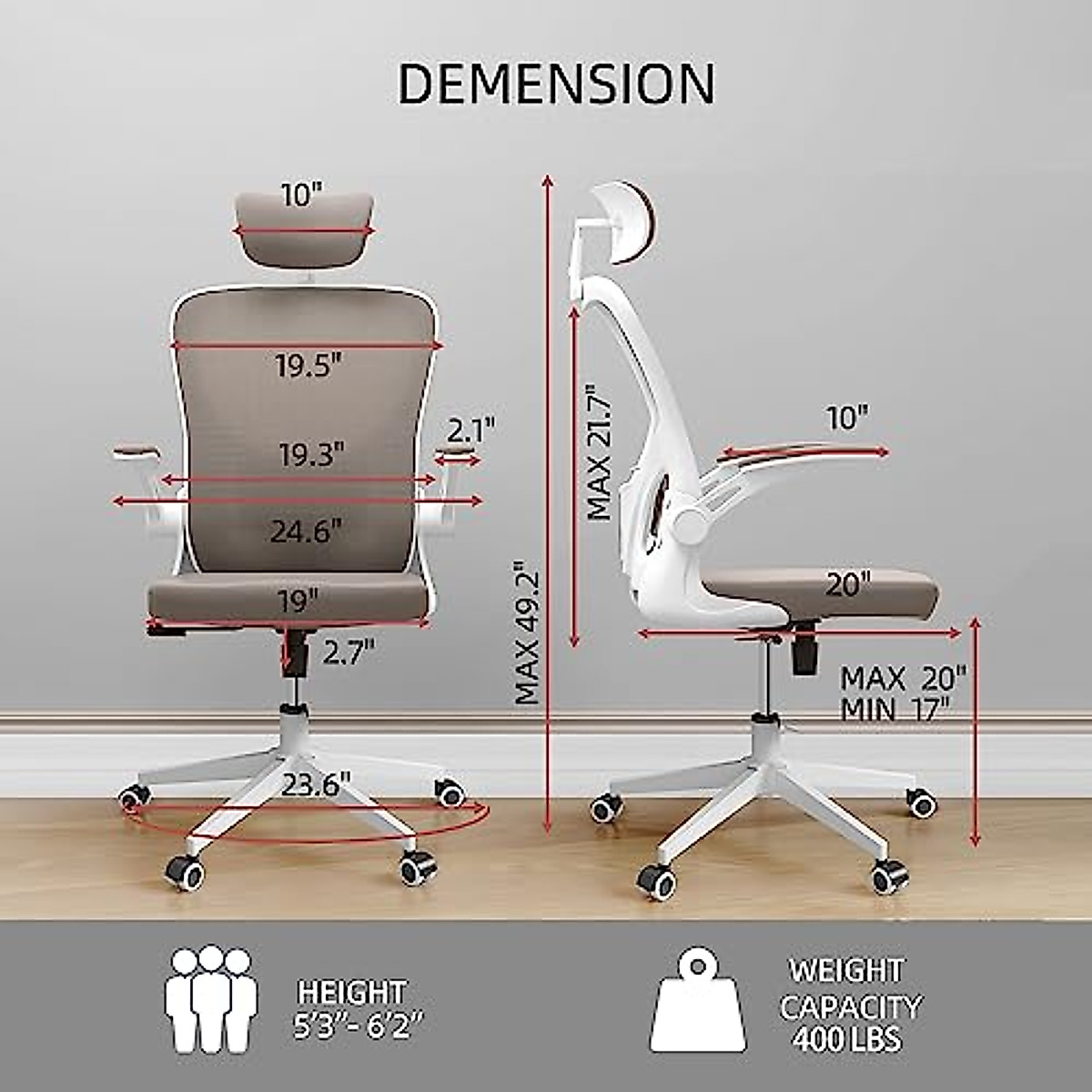 Lybaint Office Chair, High Back Ergonomic Desk Chair, Breathable Mesh Computer Chair with Flip-Up Armrests, Lumbar Support, Adjustable Headrest, 90°-125° Tilt Function, Recliner Chair for Home Office