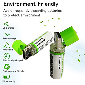 GreenEarth USB Rechargeable AA Batteries | 1450 mAh | Quick Charge USB Charger | 500 Cycles Reusable | NiMH Double A 1.2v (2 Pack)