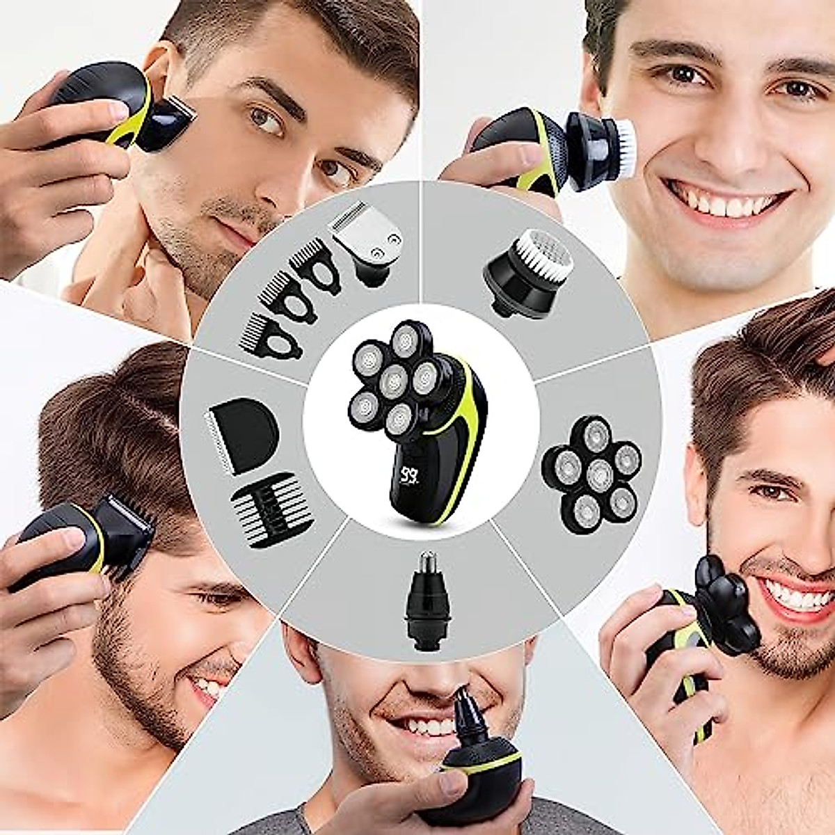 Telfun Head Shavers for Bald Men, 5-in-1 Head Electric Razor with Nose Hair Sideburns Trimmer, Waterproof Wet/Dry Mens Grooming Kit, LED Display, IPX7-Waterproof, Gifts Travel Case