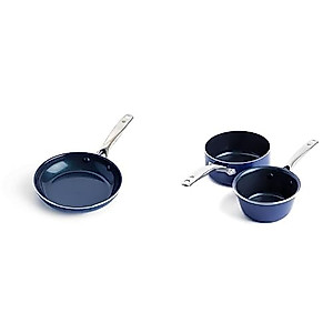 Blue Diamond Cookware Diamond Infused Ceramic Nonstick, 1QT and 2QT Saucepan Pots and 8" Frypan, PFAS-Free, Dishwasher Safe, Oven Safe, Blue
