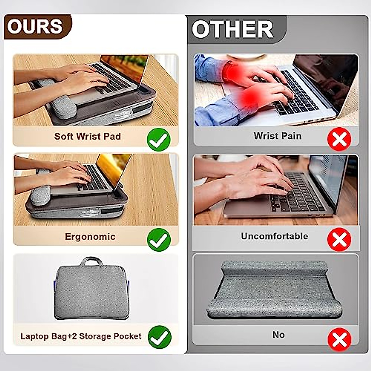 Lap Desk Laptop Bed Table: Home Office Portable Computer Lapdesk with Soft Pillow Cushion and Storage Bag - Wood Wide Writing Padded Tray for Work and Gaming on Couch - Fits up to 15.6 Inch Laptop