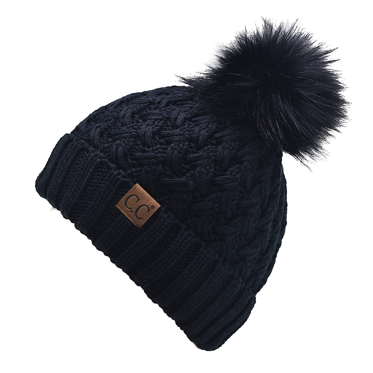 C.C Women’s Winter Cable Sherpa Fleece Lined Ribbed Beanie Lattice Braided Knit Crossover Stitch Faux Fur Pom Soft Warm Hat