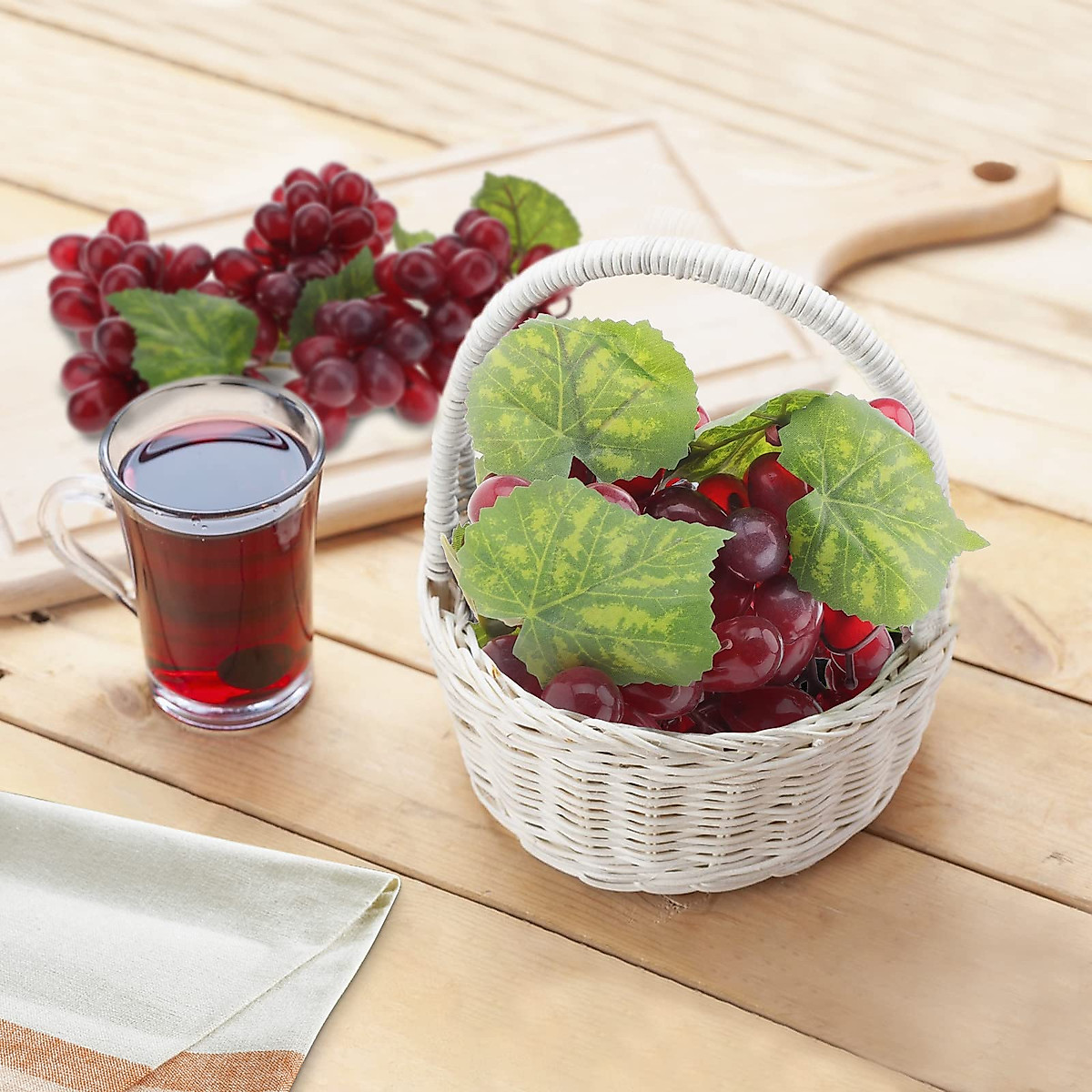 Woration 4 Bunches Artificial Grape Lifelike Simulation Fruit Decorative Fake Dark Red Grapes with Vines Party Garden Home Prop Cabinet Display (36 kernels)