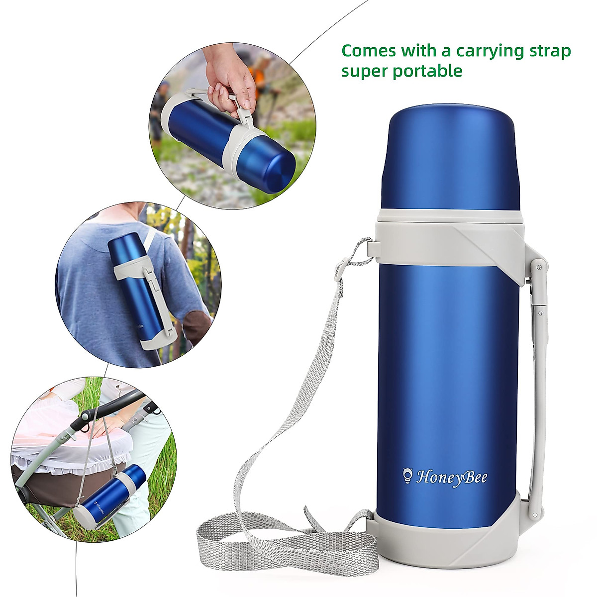 HoneyBee Hot Drinks Keeps Liquid Hot or Cold for Up to 24 Hours Thermos 41 Ounce Coffee Thermos 18/8 Stainless Steel Bpa-Free Insulated Flask，Flask for Hot Water (Blue)