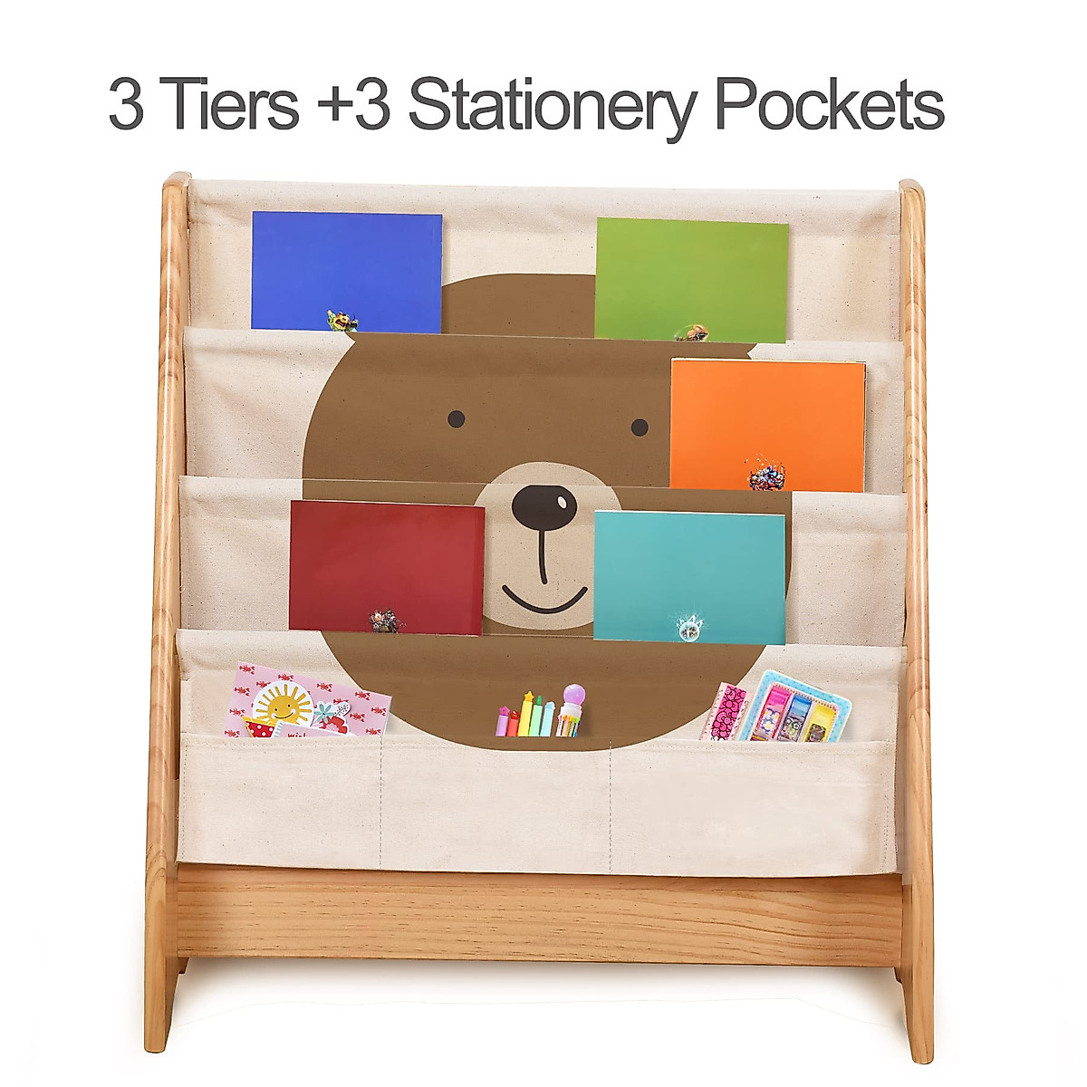 KRAND Kids Sling Bookshelf for Toddler Boys and Girls Book Rack Storage Baby Bookcase Organizer,Features Strong Canvas Sleeves&Solid Wood Structure (Natural/Basic)