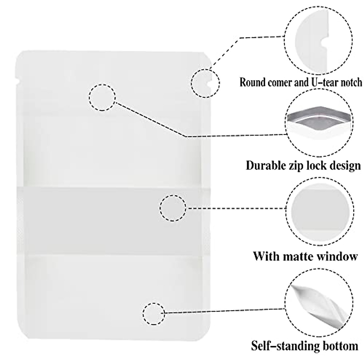 100 Pcs Resealable Bags, Stand-up Food Storage Bags with Clear Window, Sealable Zip Lock Self Sealing Bags for Packaging Products (White 4 x 6 In)