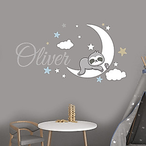waldo Custom Name Sloth Moon Stars Nursery Wall Decal - WM45. Removable Nursery Wall Decal for Baby Room - Mural Wall Decal for Kids