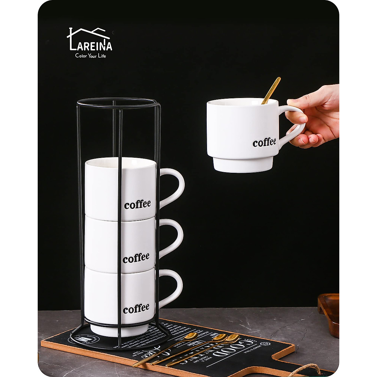Lareina Porcelain Stackable Coffee Mug Set With Rack and Spoons, 15 Ounce Cappuccino Cup Set of 4 for Specialty Coffee Drinks and Tea - White