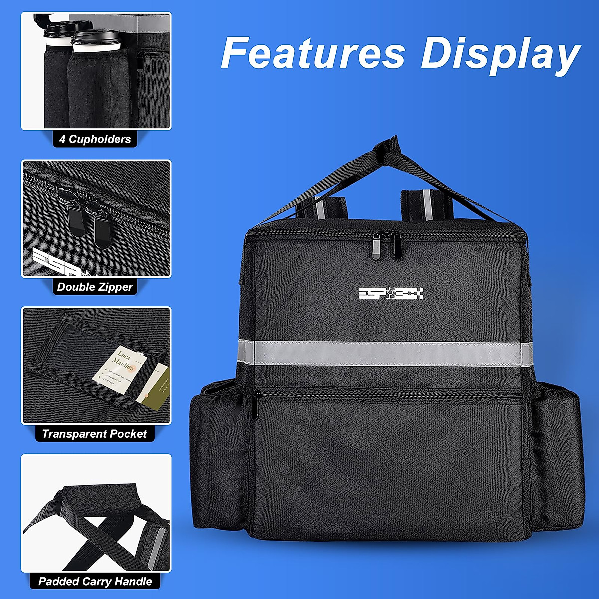 ESPXBOX Food Delivery Backpack with 4 Cup Holder, Insulated Pizza Delivery Bag for Delivery Bike, Large Leakproof Delivery Bags for Hot/Cold Food for Uber Eats, Doordash, Postmates（Black）