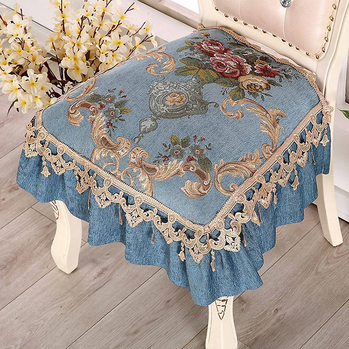 GEORPE Seat Cushion European Style Dining Chair Luxury Anti-Slip Fabric Cushions Mat Household Buttocks Pad with Bandage, 18.9x19.7inch/48x50cm