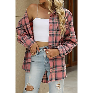 CHYRII Womens Button Down Flannel Shirts Long Sleeve Plaid Shacket Business Casual Blouse Topss Pink -7122 L