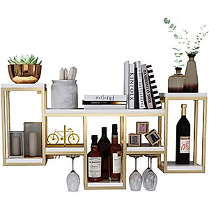 Wall Hanging Wine Rack Metal Bottle Holder Storage Wall Mounted |Wine Glass Goblet Stemware Holder| Nordic Gold and White Wood Wall Shelves for Bar Kitchen or Hone Wall Decor