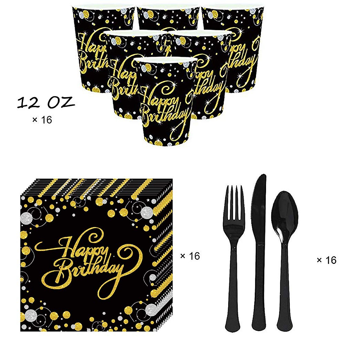 Mocossmy 50th Birthday Party Supplies and Decorations Kits - Black Gold Paper Plates&Cups,Napkins,Straws,Cutlery,Tablecloth,Happy Birthday Banner,Balloons for Women Men Birthday Party Favors,Serves 16