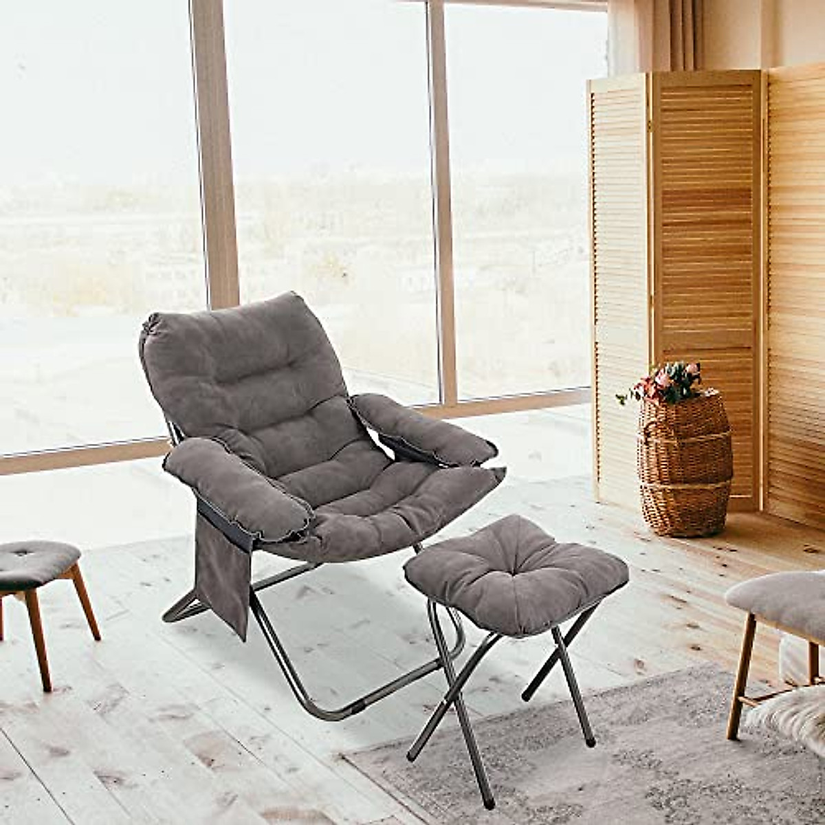 Faytn Living Room Lazy Chair with Ottoman, Foldable Lounge Reclining Armchair Comfy Chair with Side Pocket Footrest for Bedroom/Office/Hosting, Grey