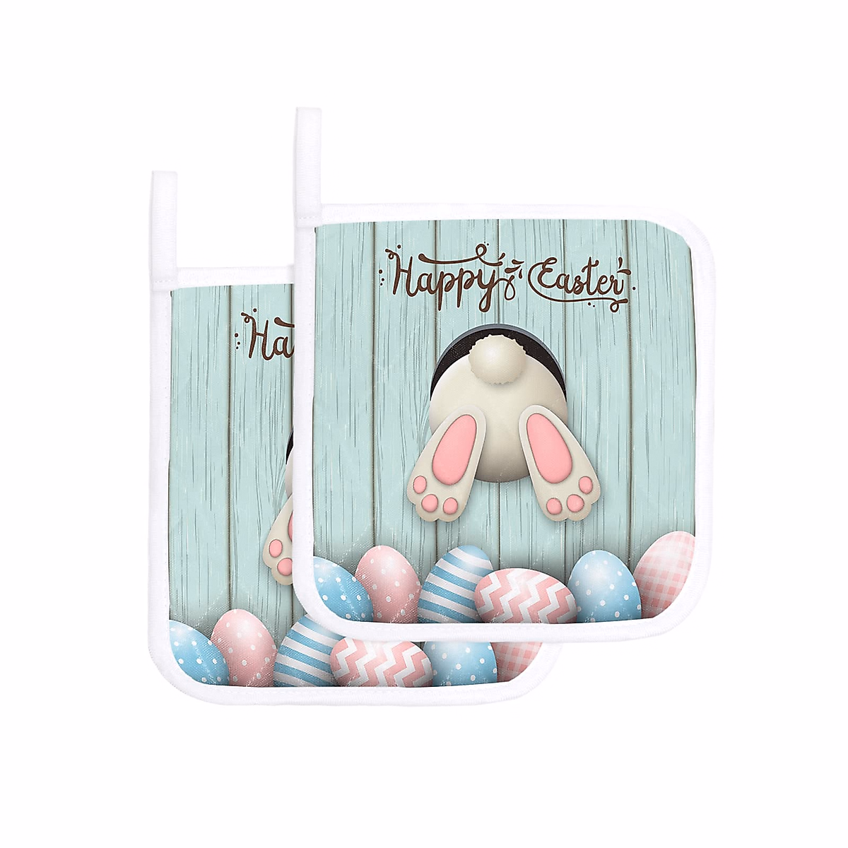 Pot Holder Set of 2 Easter Funny Rabbit in Wooden House Potholder Heat Proof Non-Slip Pot Holders,Colorful Eggs Hot Pads Potholders for Kitchen Cooking Baking BBQ