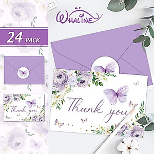 Whaline 24Pcs Floral Butterfly Thank You Cards Purple Flower Greeting Cards with Envelope Stickers Spring Watercolor Blank Note Cards for Birthday Wedding Baby Shower Bridal Shower, 4 x 6 Inch