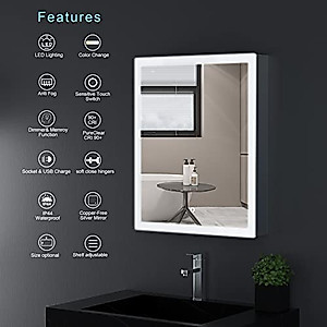 Wemin Smart Home Surface 24x30 Inch LED Mirror Medicine Cabinet with Adjustable Color Temp, LED Lighted Medicine Cabinet w/Defogger, Light Color Dimmer(2700-6500K), Outlets & USB (24x30)