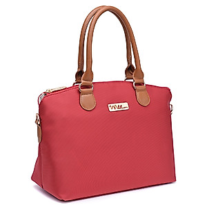 NNEE Water Resistance Nylon Top Handle Satchel Handbag with Multiple Pocket Design - Red