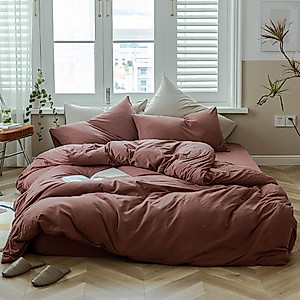 AMWAN Brick Red Duvet Cover Twin Knitted Cotton Solid Color Bedding Set Simple Style Jersey Knit Cotton Comforter Cover Solid Red Bedding Collection 1 Duvet Cover with 2 Pillowcases Twin