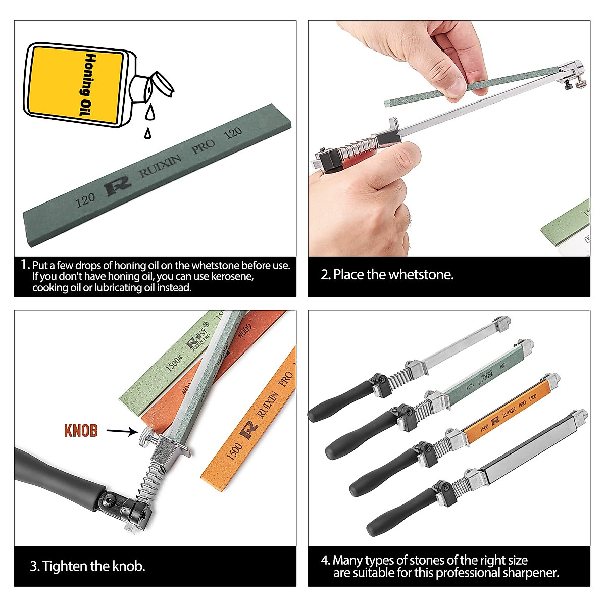 MOVIRON Professional Knife Sharpener with 4 Whetstones, 360° Rotation Flip Design Fixed-Angle Stainless Steel Kitchen Chef Knife Sharpening Kit Abrasive Holding System Tools