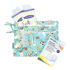 BapronBaby Cookies & Milk Wet Dry Bag - Waterproof Two Zipper Pockets - Reusable for Mealtime, Diapers, Stroller, Snacks, Swimsuits - Machine Washable - 11" x 9"