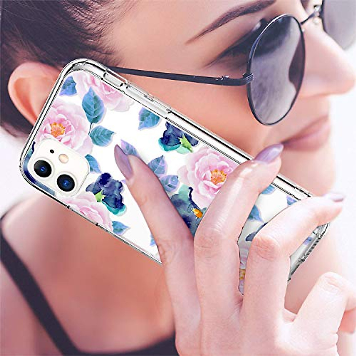 GiiKa iPhone 11 Case with Screen Protector, Clear Heavy Duty Protective Case Floral Girls Women Shockproof Hard PC Back Case with Slim TPU Bumper Cover Phone Case for iPhone 11, Pink Blue Flowers